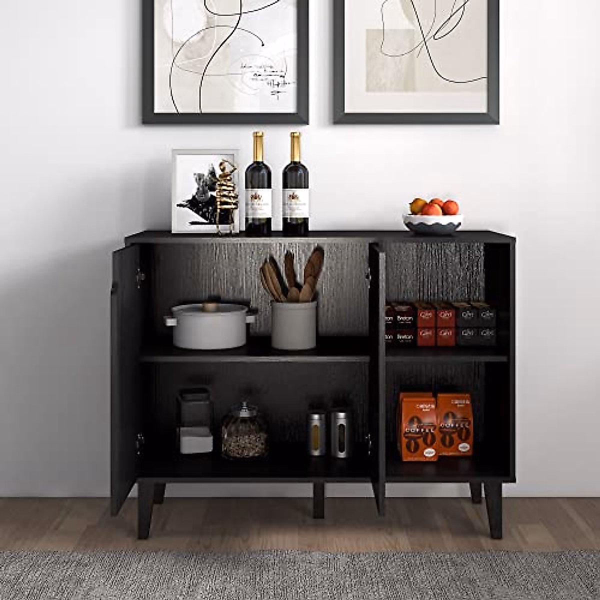 Panana Accent Sideboard Buffet Serving Cabinet with 2 Doors and Shelves Storage Cabinet White Coffee Bar Cabinet for Kitchen Dinning Room Living Room (41.81 inch, Black)