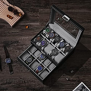 BEWISHOME Watch Box Organizer 20 Men Display Storage Case Metal Hinge Black PU Leather Glass Top Large Holder SSH04B