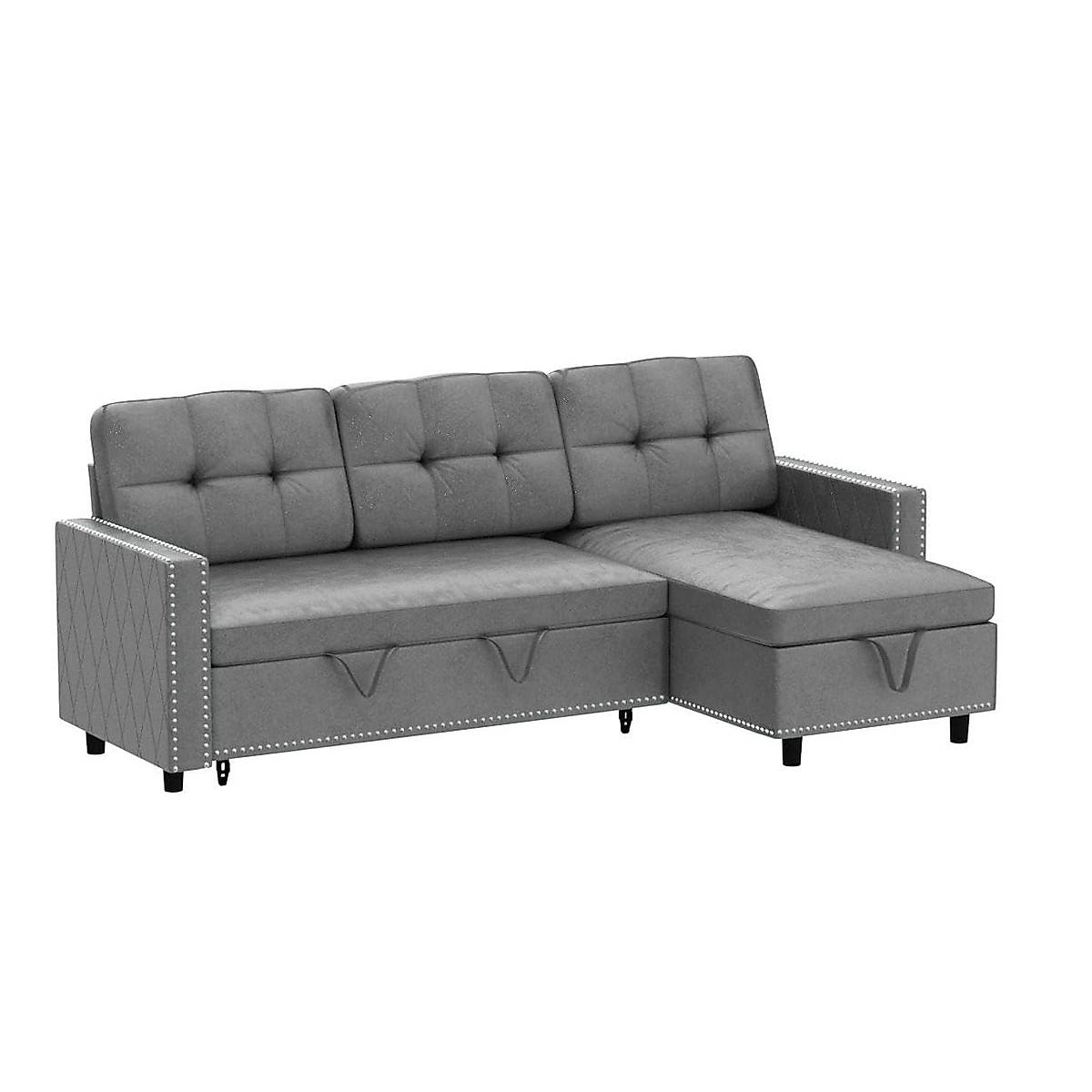 Mjkone 3 Seat L-Shape Sectional Sofa Couch with Pull Out Bed and Reversible Storage Chaise, Modern 83 Inch Sleeper Sofa with Breathable Velvet Fabric and Nailhead Trim for Living Room, Dark Gray