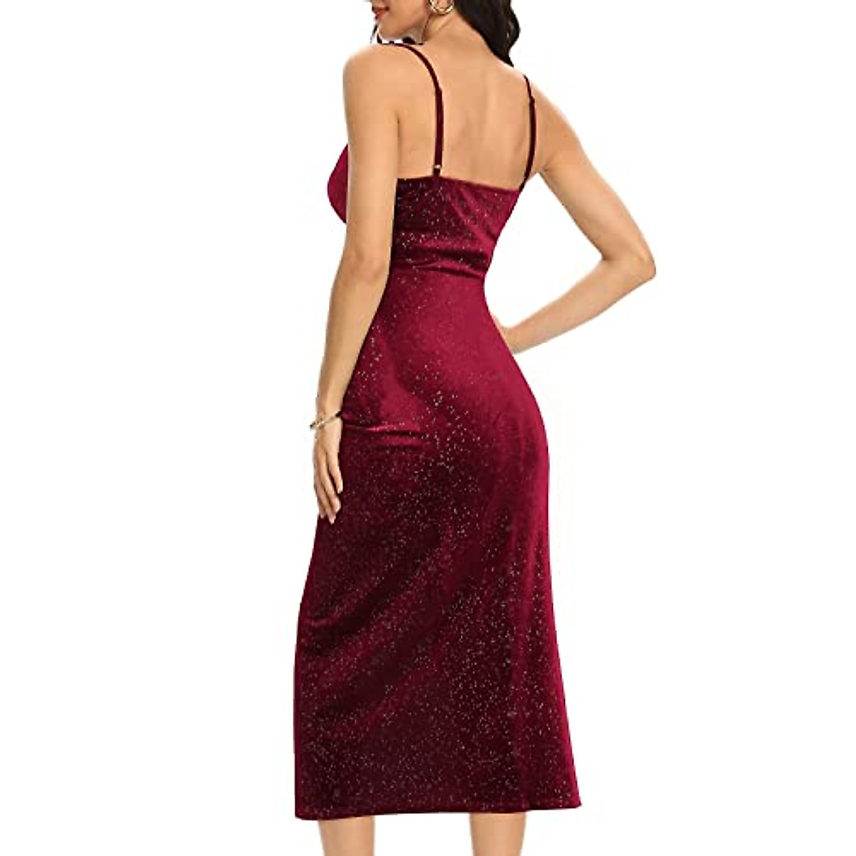 Vestidos De Mujer, Rojos para Mujer Elegantes Wedding Guest Dress for Women De Fiesta Cortos Women's Sleeveless Strap Wrap V Neck Ruched Slit Party Cocktail Midi Glitter Dress (M, Red)