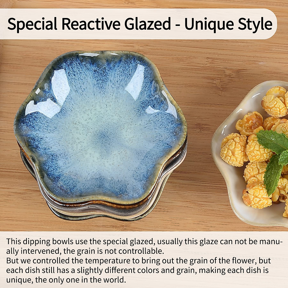 Dipping Bowls Set of 6, Ceramic Soy Sauce Dish, Flower Dipping Sauce Bowls, Pinch Bowls, Special Reactive Glazed Small Condiment Finger Bowls for Dip Sushi Soy Sauce Cup Dish