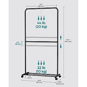 SONGMICS Clothes Rack with Wheels, 35.8 Inch Double-Rod Garment Rack, Clothing Rack for Hanging Clothes, with Dense Mesh Storage Shelf, 44 lb Load Capacity, 2 Brakes, Steel Frame, Black UHSR027B01