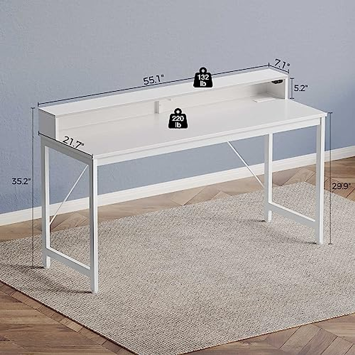 Rolanstar Computer Desk 55" with LED Lights & Power Outlets, Home Office Desk with Monitor Shelf, Gaming Desk, Writing Desk, Study Desk for Student & Kids, White