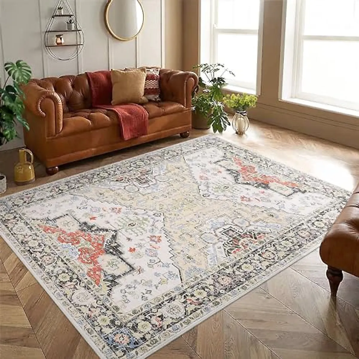 GarveeHome 9x12 Washable Rug Boho Rugs for Living Room Indoor Soft Large Area Rug Low Pile Non-Shedding Accent Rug Non Slip Vintage Rug Traditional Foldable Throw Carpet for Bedroom Home Office Beige