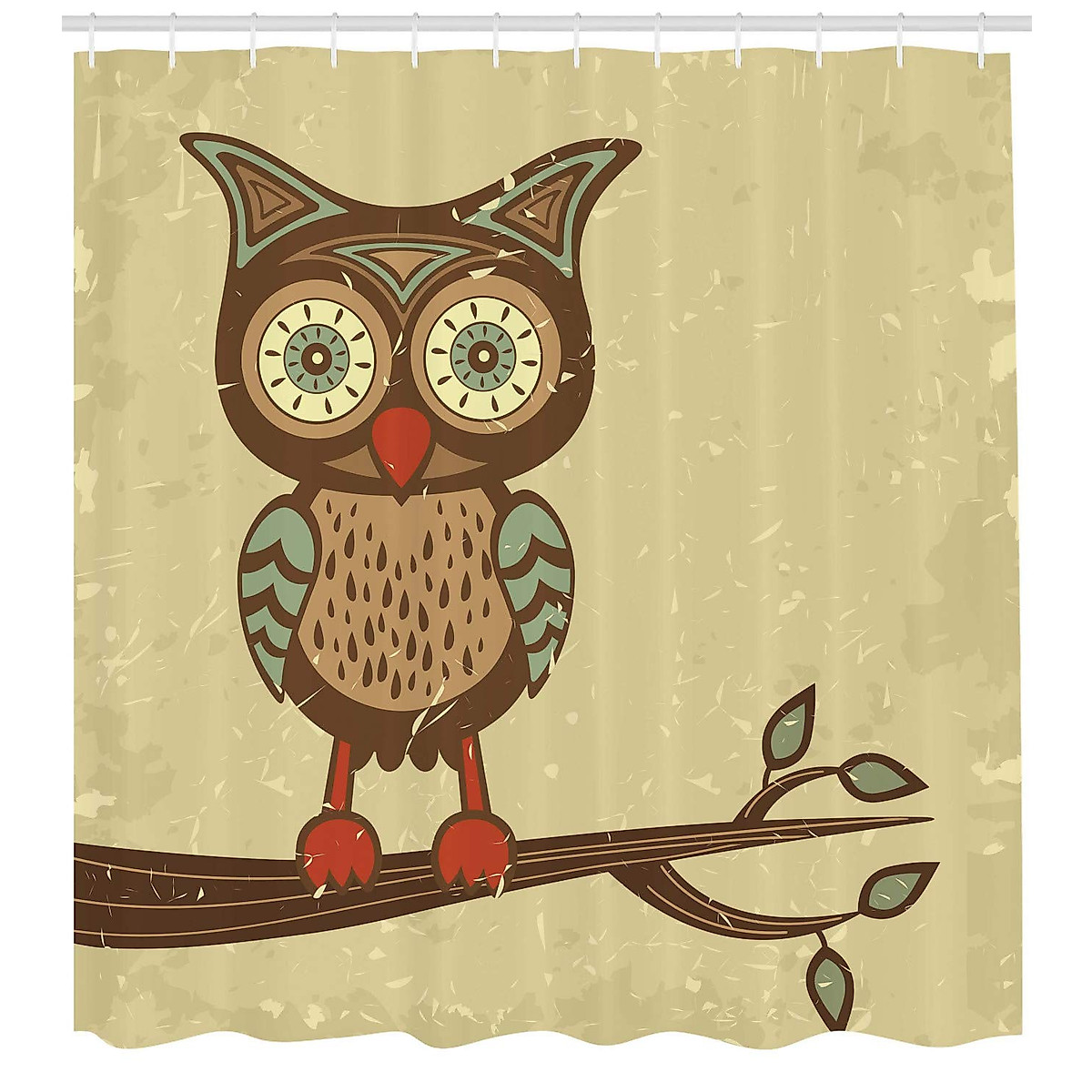 Ambesonne Owl Shower Curtain, Owl Sitting on Branch Eyesight Animal Humor Pastel Retro Modern Graphic, Cloth Fabric Bathroom Decor Set with Hooks, 69" W x 70" L, Brown Cream Teal