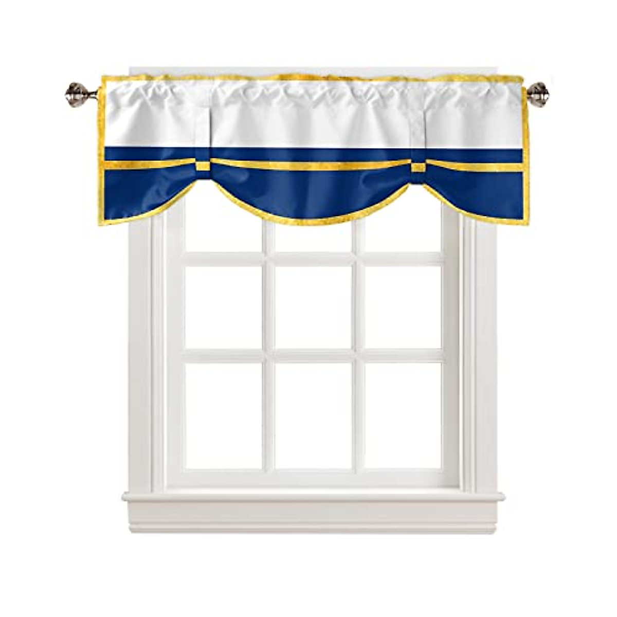 Blue White Block and Gold Yellow Lines Tie Up Valance Curtain for Kitchen-Small Window Shade Valances Adjustable Rod Pocket Windows Treatment for Bathroom Decor Modern Minimalist Art,1 Panel 42x12in
