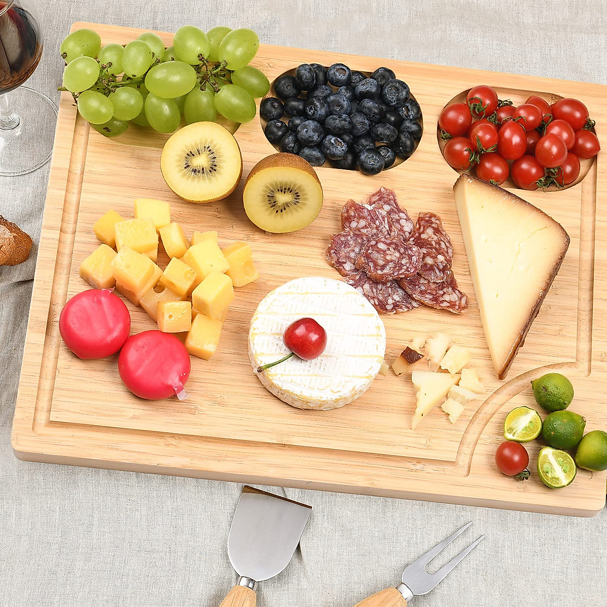 ROYAMY Bamboo Cheese Board Set Charcuterie Platter Bamboo Cutting Board with 4 Stainless Steel Knife Perfect Choice for Birthday Wedding Anniversary- Double Side