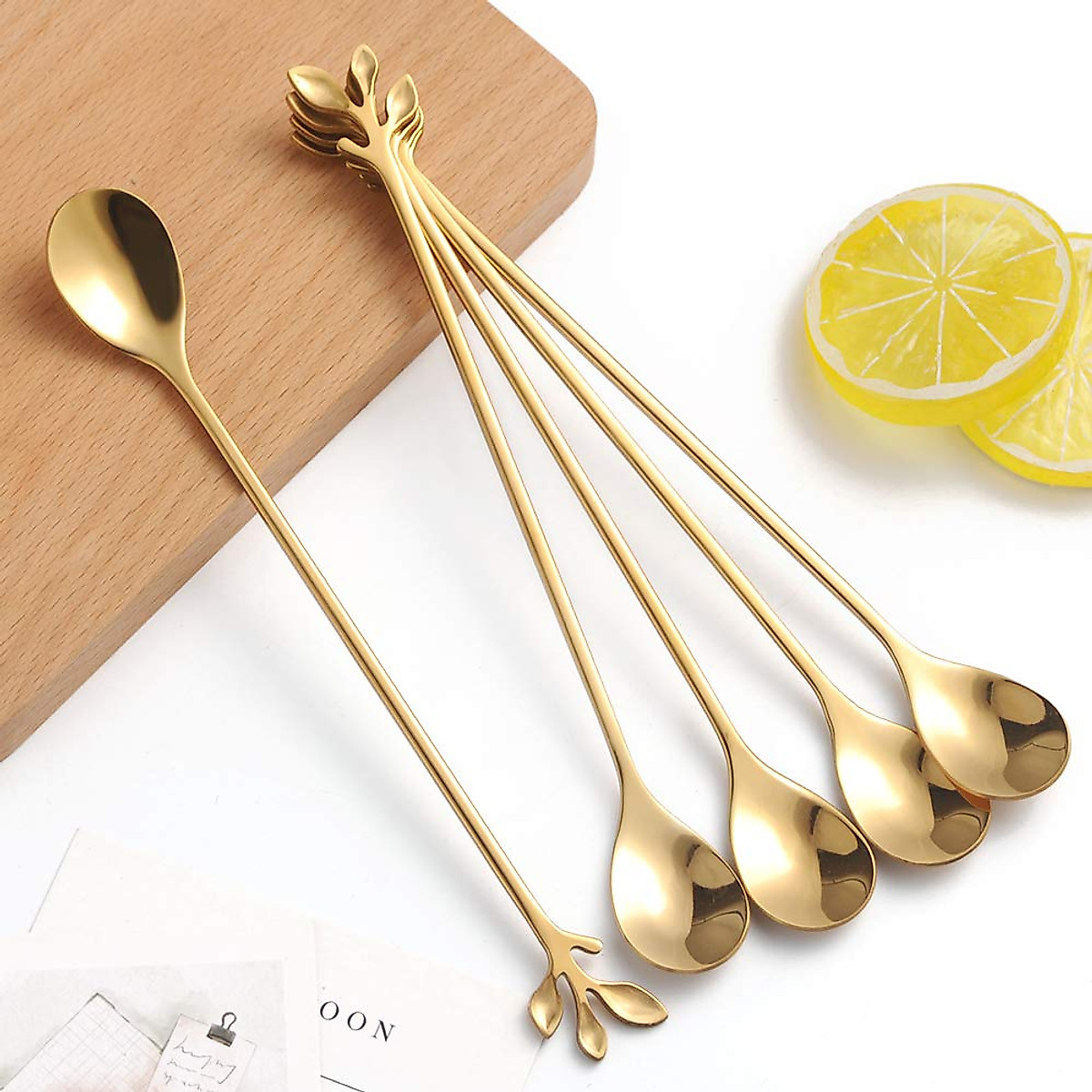 AnSaw Gold Leaf Handle Long Teaspoons - 7.4" Stainless Steel Coffee & Tea Stirring Spoons, Coffee Stir Spoon Set of 20