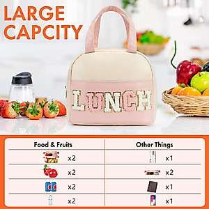 Lunch Bag for Women Insulated Lunch Bag For Men PU leather Small Lunch Bag for Office Work lunch Bag with Chenille Letters Leakproof Freezable Cooler Bag Reusable Portable Lunch Box (White&Pink)