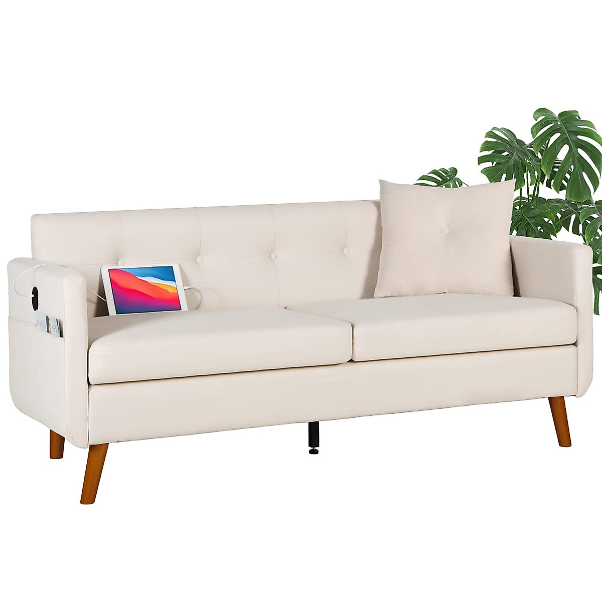 TYBOATLE 65 inch Loveseat Sofa w/ 2 USB Charging Ports, Modern Fabric Upholstered Couches w/Button Tufted Seat Cushion, 2 Seater Couches for Living Room, Apartment, Bedroom (Cream Beige)