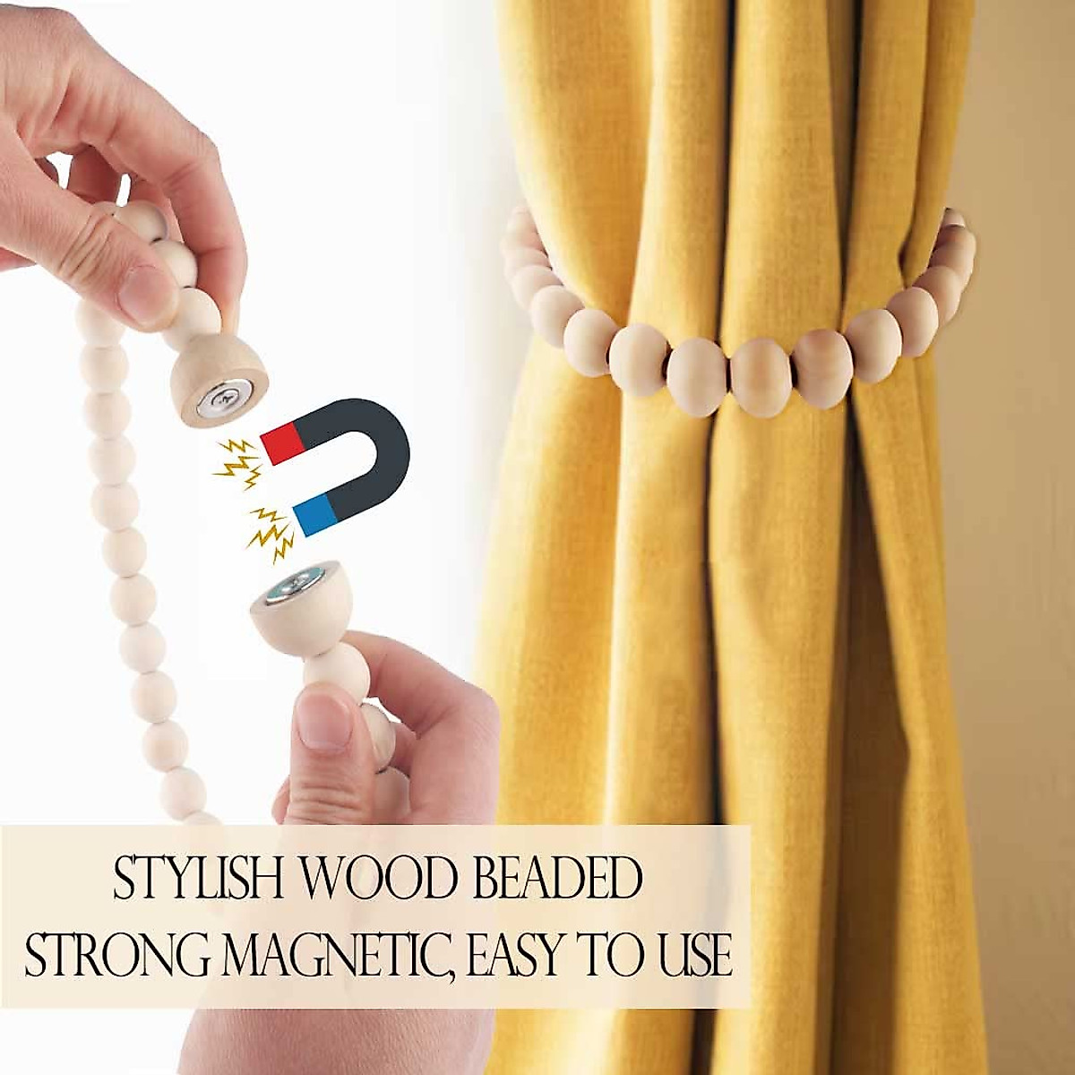 Magnetic Curtain Tiebacks Boho Beaded: Strong Magnets, Boho Decor Wood Bead Curtain Tiebacks, Farmhouse Decor Curtain Tie Backs for Curtain Holdbacks, Baby Nursery Decor, Natural, 2 Pack