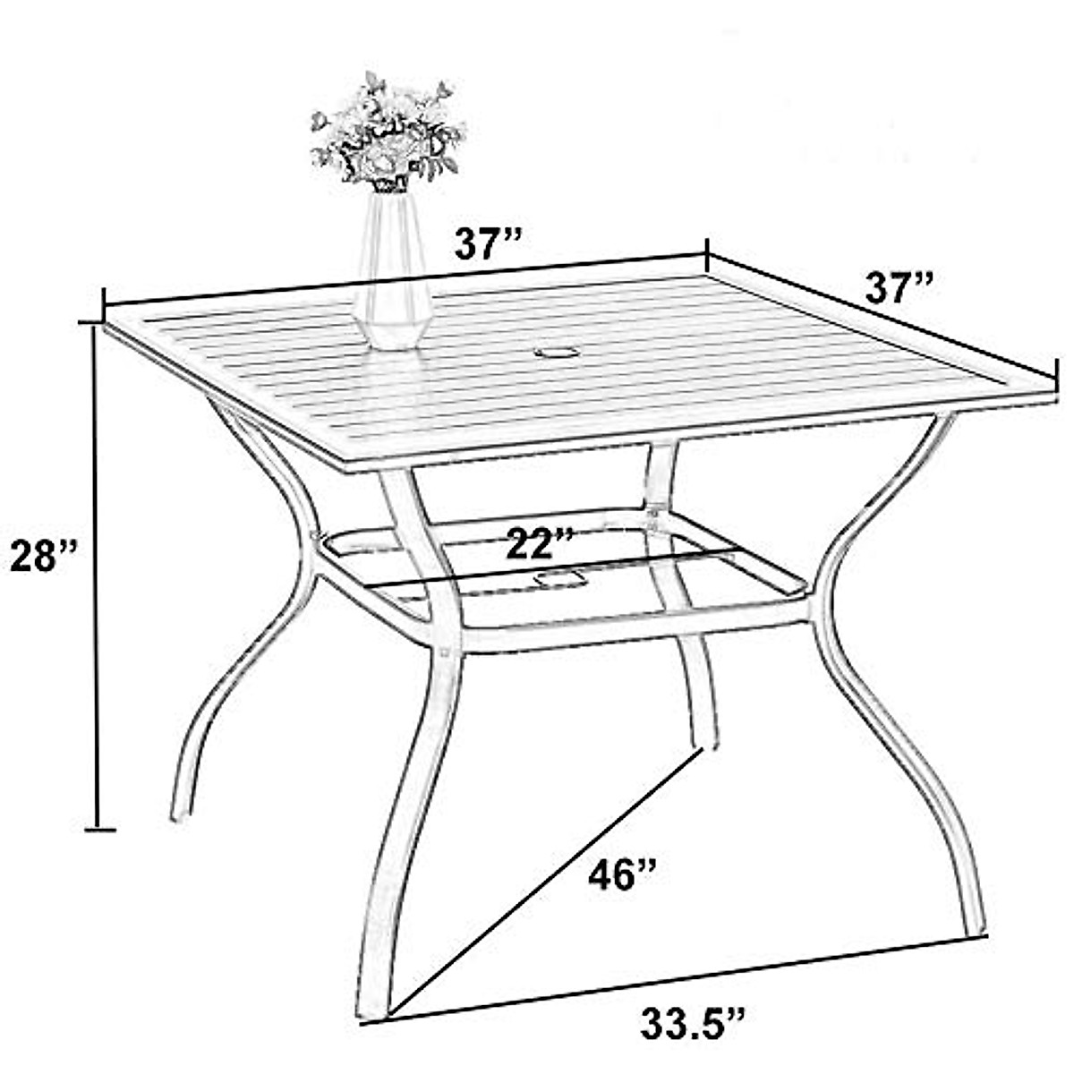 PHI VILLA 37" Metal Steel Slat Patio Dining Table Square Backyard Bistro Table Outdoor Furniture Garden Table, 1.57” Umbrella Hole, Black