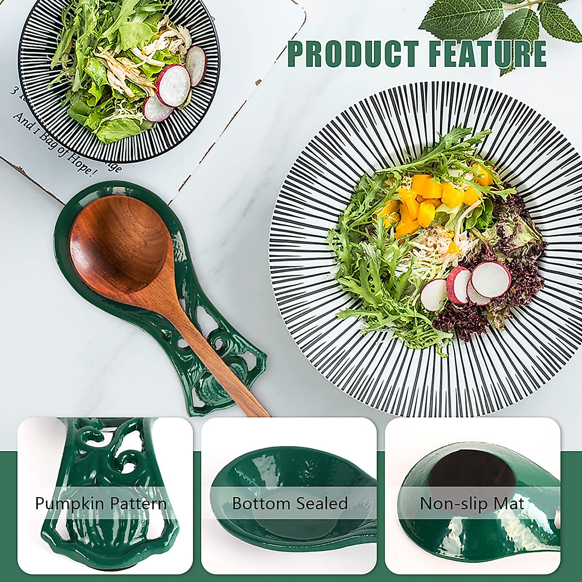 MINLUFUL Spoon Rest Holder for Stove Top, Sturdy and Unbreakable Cast Iron Spoon Rest Ladle Holder for Kitchen Counter, Keep Stovetop Countertop Clean, Pumpkin Green