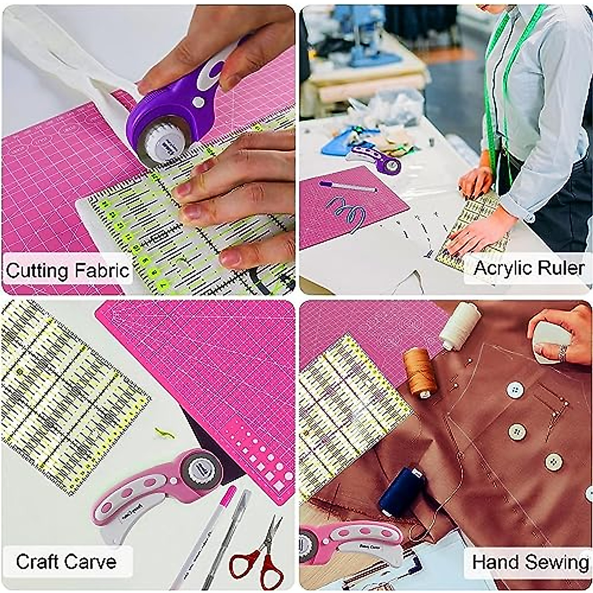 Rotary Cutter Set, 38PCS 45mm Rotary Fabric Cutter Wheel Set, Fabric Cutter Wheel, Quilting Rotary Cutters Rolling Fabric Cutter Wheel and A3 Mat, Rotary Rolling Cutter For Sewing, Quilting(Pink)