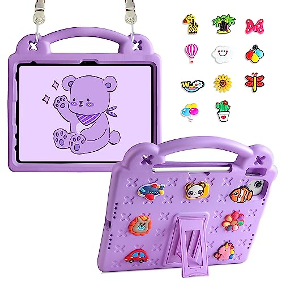 for iPad Air 5th/4th Generation Case,iPad 10th Generation Case 10.9'', iPad Pro 11 Inch Case 2022 2021 2020 with Straps Stand Handle Pencil Holder DIY Accessories,EVA Shockproof Cover for Kids-Purple