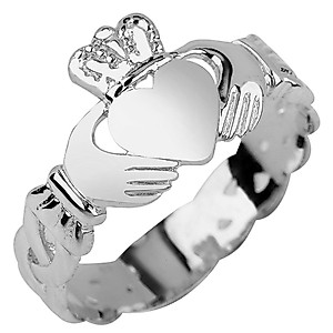 .925 Sterling Silver Claddagh Friendship, Engagement, or Wedding Ring with Trinity Knot Band - Size 5.25