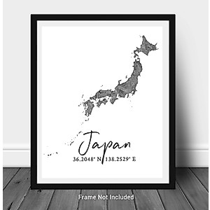 Japan Map Wall Art Print - 8x10 Silhouette Decor Print with Coordinates. Makes a Great Japanese-Themed Gift. Shades of Grey, Black & White.