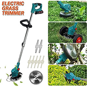 Cordless String Trimmer, 21V Grass Trimmer with Wheels, Edger Lawn Tool,Electric Weed Lawn Eater Edger Grass String Trimmer Cutter Portable with 2 Batteries (Blue)