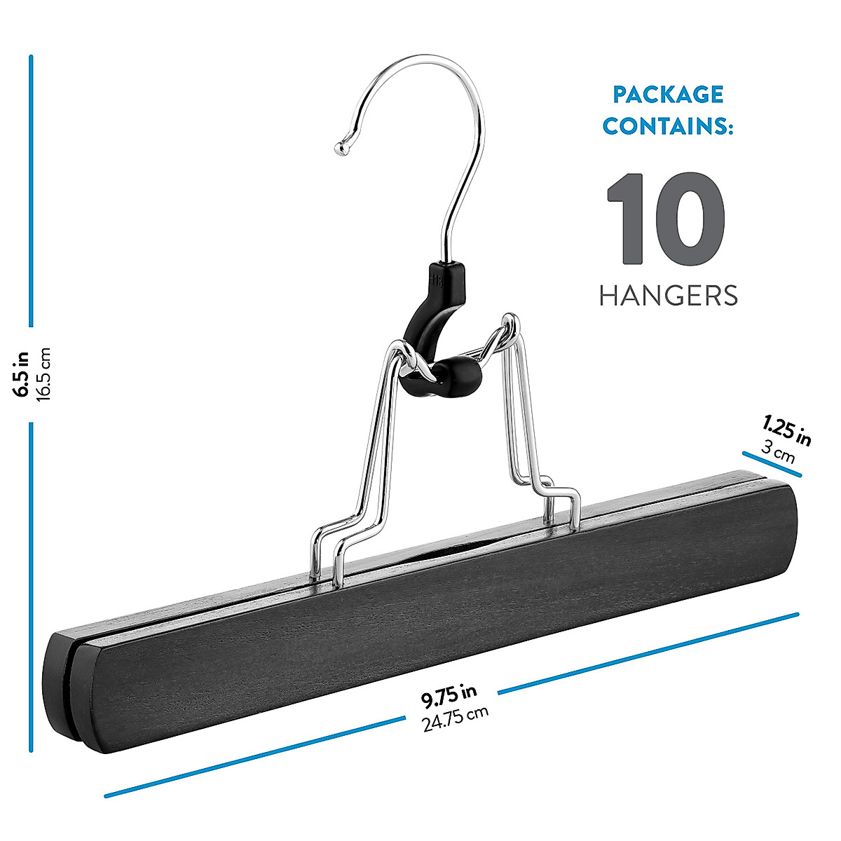 ZOBER High-Grade Smooth Finish Non Slip Wooden Cloth Hangers with Clips for Skirts, Slacks - 360° Swivel Hook - (10 Pack)