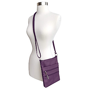 Roma Leathers Mini Body Purse - Multi Pocket Double Zipper Cross Body Handbag - Premium Purple Leather - Adjustable Shoulder Strap - Convenient Travel Bag - Designed in the U.S.A.