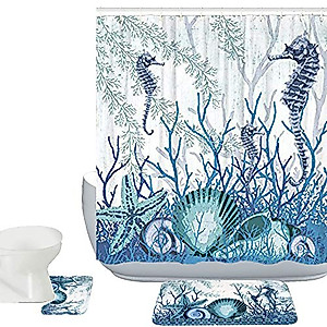 Amagical Sea Shells Seahorse Starfish Pattern 3 Piece Blue Ocean Shower Curtain Bath Mat Set Non Slip Bathroom Mat Contour Mat Fabric Shower Curtain with 12 Hooks
