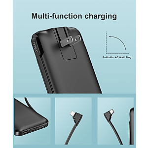 Metecsmart Portable Charger Power Bank with Built in Cable and AC Wall Plug, 10000mAh Fast USB C Phone Charger, Slim Thin Mini Charging Battery Pack Compatible with Smartphones and All USB-C Devices