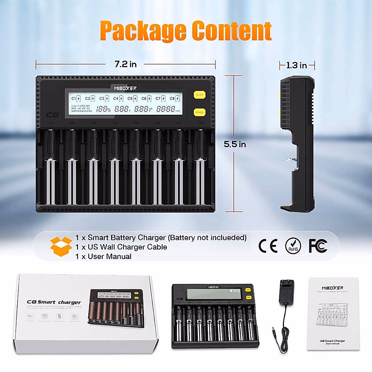 MiBOXER 18650 Battery Charger, 8-Bay Smart Charger with Automatic LCD Display, Fast Charge Rechargeable Li-ion LiFePO4 Ni-MH Ni-Cd AA AAA C 21700 26650 13650 16340 18350 18700 RCR123
