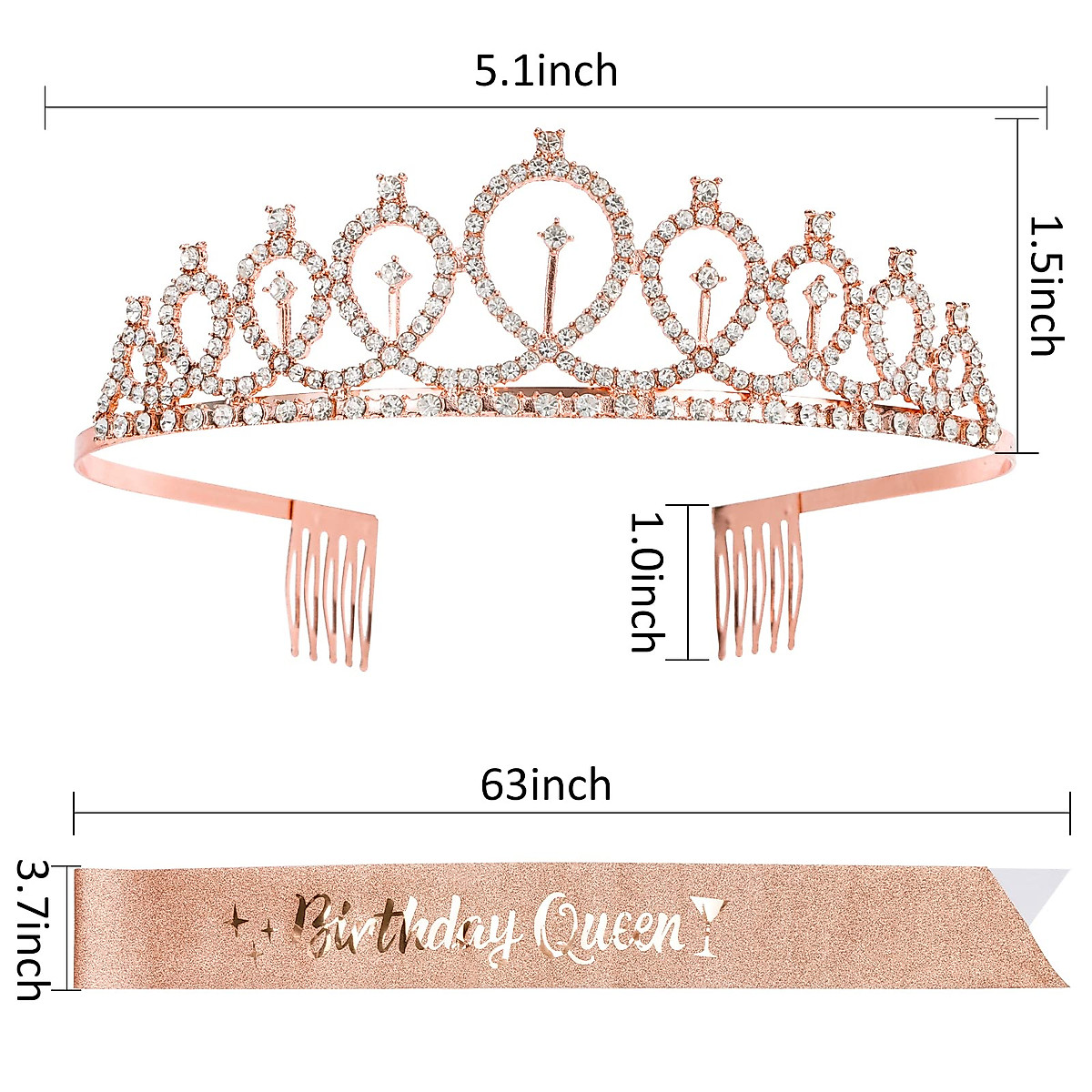 ACO-UINT Birthday Queen Crown for Women, Rhinestone Tiara & Birthday Sash Set Rose Gold Birthday Crowns for Women Girls, Birthday Decorations Birthday Gifts for Women Birthday Party