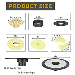 4” Drain Grate Kit - Compatible with Schluter Kerdi Shower Drain - Square Shower Floor Drain Kit with Flange - SUS 304 Stainless Steel Grate & 2 Inch ABS Flange & CUPC Certification - Brushed Brass