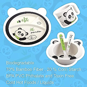 Bamboo Toddler Dinnerware Set,5Pcs Baby Plates and Bowls,Kids Dinnerware Set,Bamboo Kids Plates and Bowls Set,Christmas Kids Dishes Dinnerware Sets with Plate,Bowl,Cup,Fork and Spoon (Panda)