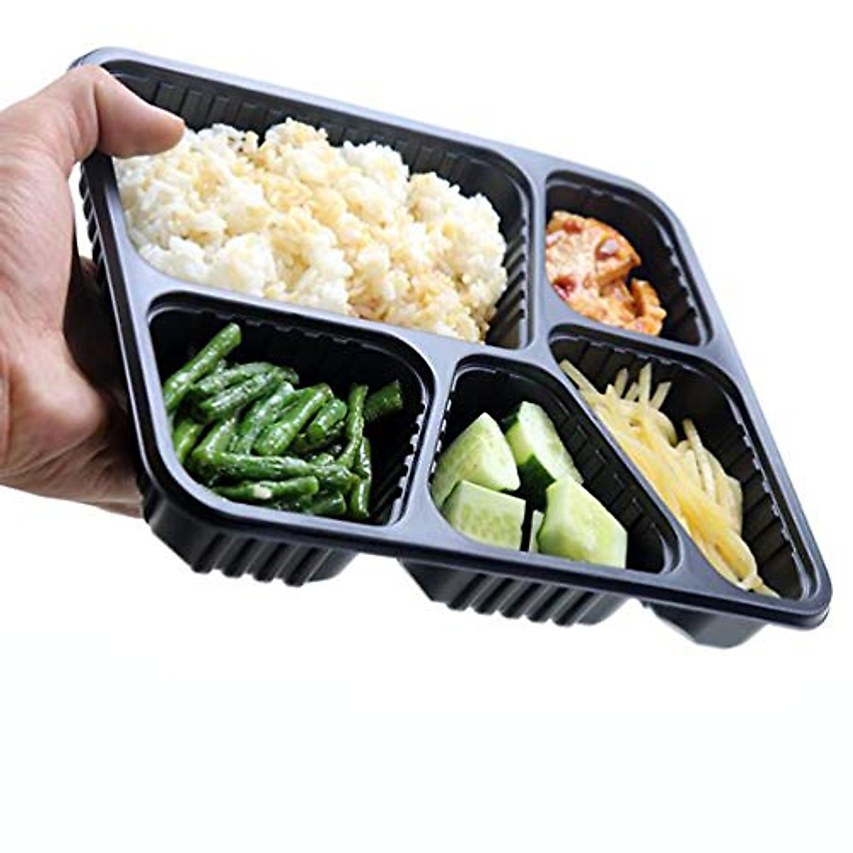 Hemoton 30pcs Disposable Bento Box 5 Compartment Meal Prep Container with Lid Microwave Heating Food Box for Home Restaurant (Black)