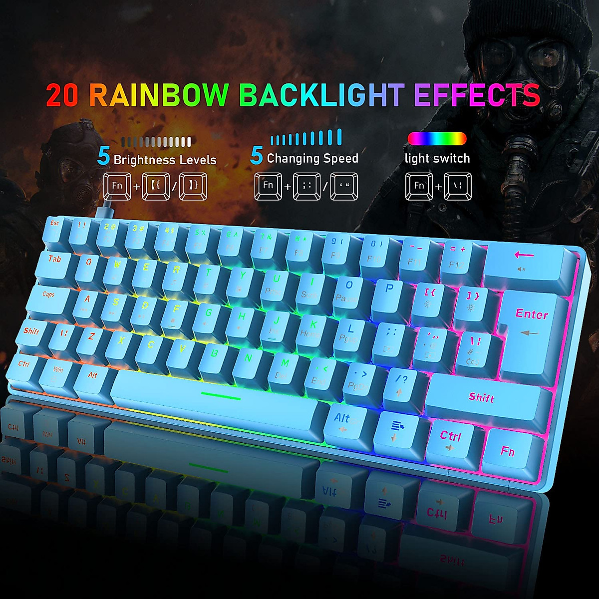 SELORSS 60% True Mechanical Keyboard and Mouse Combo,Compact Mini 62 Keys Chroma 20 Rainbow Backlit,Linear Switch,6400 DPI Optical&65g Lightweight RGB Gaming Mouse with Cable Holder for PC/Mac (Blue)