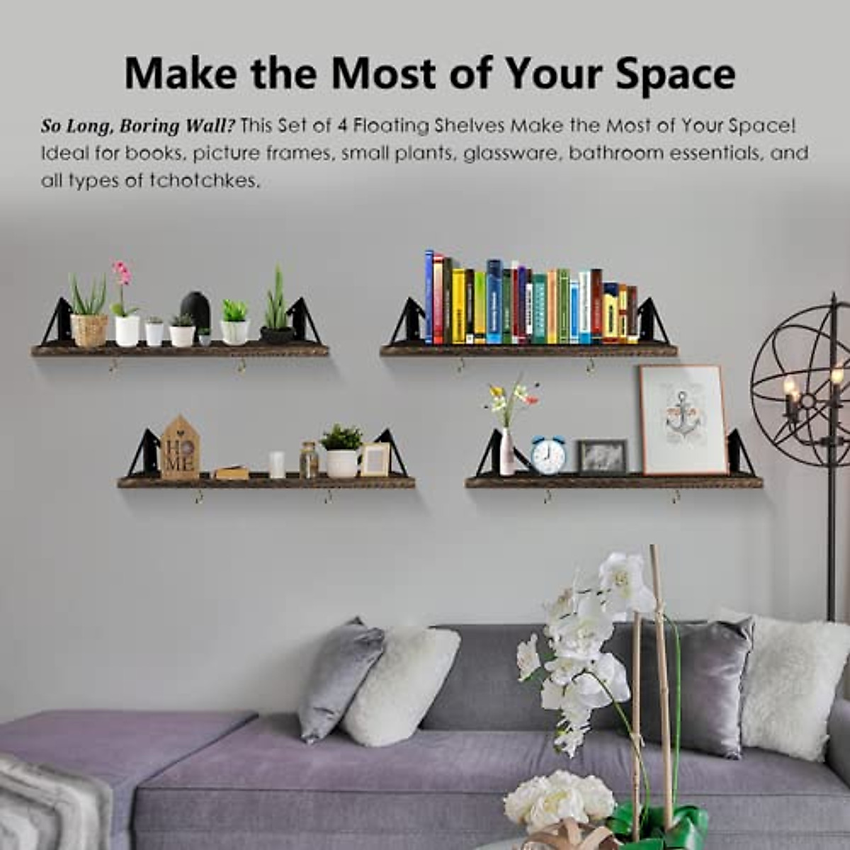 Floating Wall Shelves, Wall Mounted Shelves Wood Rustic Bookshelves Hanging Decorative Wall Shelves for Living Room, Bathroom, Kitchen, Office, Small Modern and Heavy Duty with 8 Free Hooks(Set of 4)