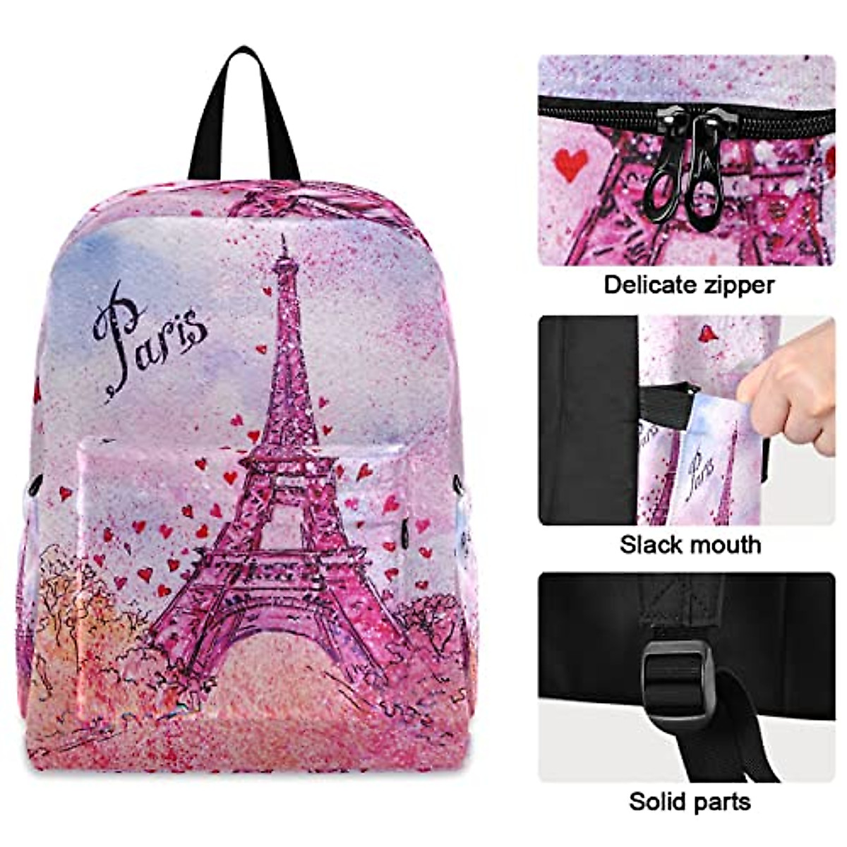 ZzWwR Unisex Paris Postcard Eiffel Tower in Hearts Large Laptop Backpack Durable Travel Computer Bag Portable Shoulders Bag for Books Work Daily