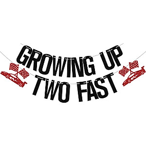 Growing Up Two Fast Banner, Happy 2nd Birthday Decorations, Race Car Theme Party Decors, Racing Party Second Birthday Party Supplies Black Red Glitter