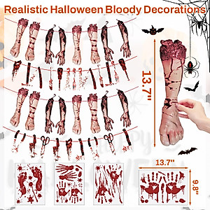 Poen 6 Pcs Halloween Bloody Body Bag 23.6 x 63 Inch Bloody Bag for Body Creepy 4 Pcs Halloween Garland Banner Fake Hands Knives Banners 4 Sheets Bloody Stickers for Haunted House Yard Decor