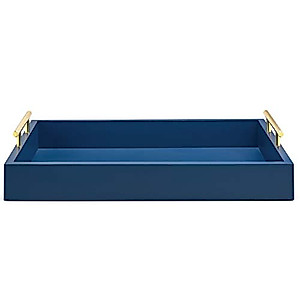 Esther Decorative Coffee Table Tray – Navy Blue Wood Serving Tray for Ottoman, Polished Gold/Silver Interchangeable Metal Handles (2 Sets), Rectangular Wood Construction, 16.5x12.25, Matte Finish