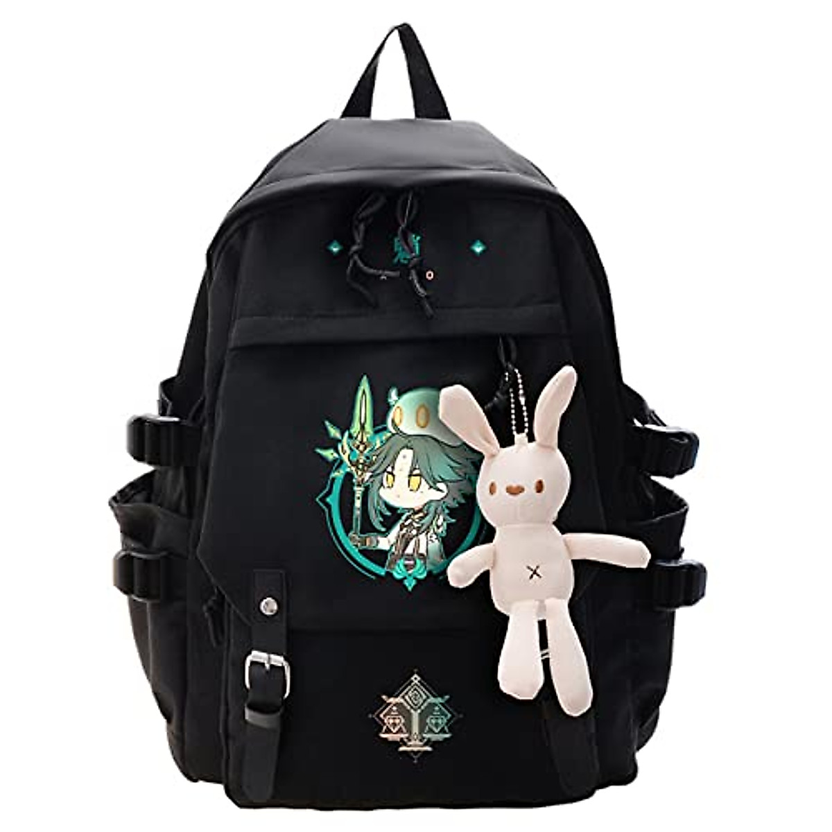 Genshin Impact Xiao Backpacks Bookbag bag Daypack for Teens Adult Large Capacity Travel Bag 18" With Cute Doll of Bunny