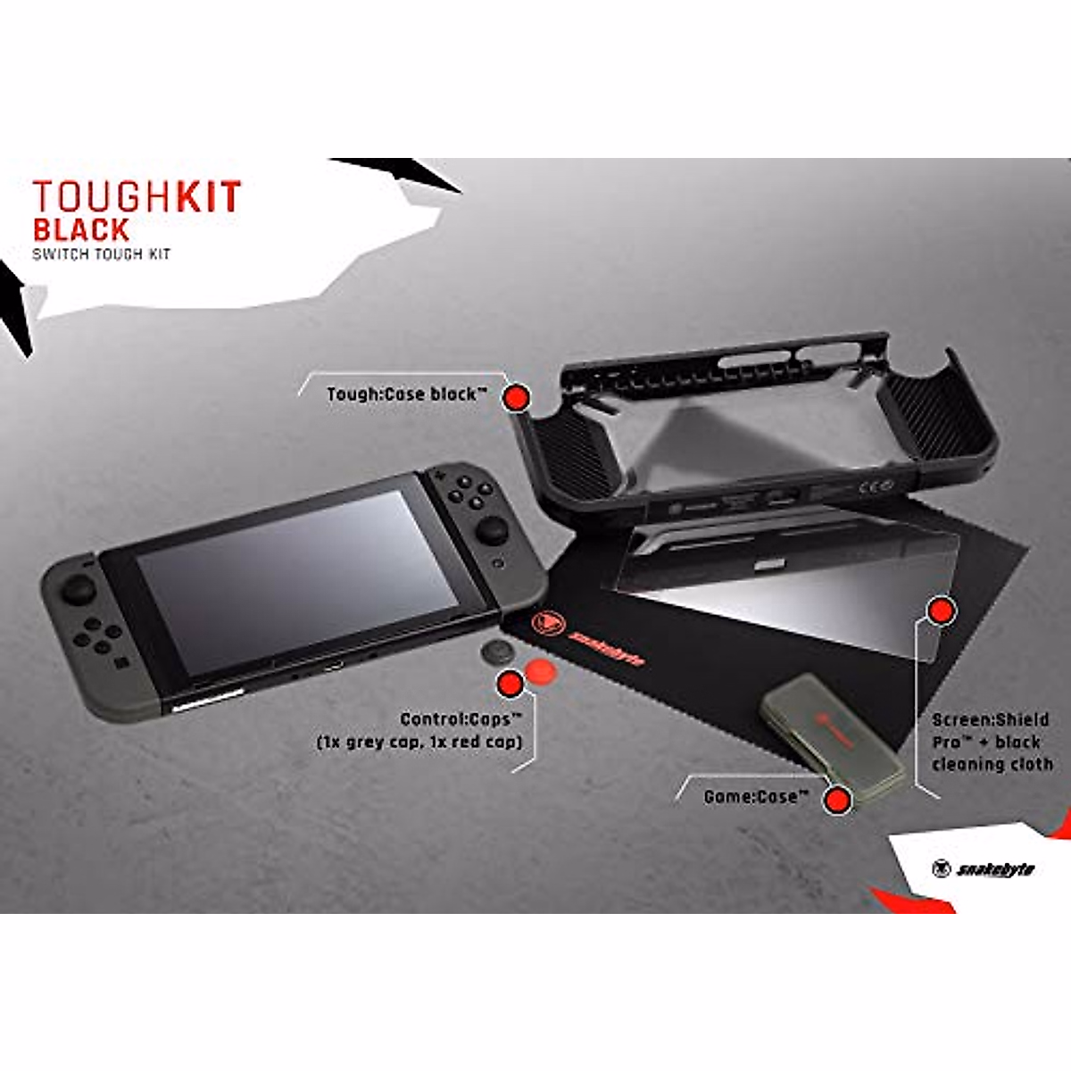 Snakebyte Tough Kit - Accessory Set Including Rubber Hard Case H9 Glass Protector Cleaning Cloth Thumb Grips Game Hard Case for Nintendo Switch - Black - Nintendo Switch