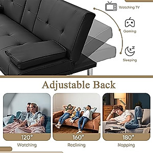 Antetek Futon Sofa Bed, Modern Convertible Upholstered Faux Leather Loveseat Sleeper Sofa Couch w/7 Adjustable Positions, Cup Holder for Living Room, Bedroom, Studio, Office, Black