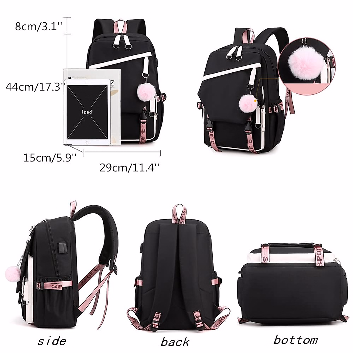 LANSHIYA Backpacks for Teen Girls with USB Charging Port Kids Outdoor Daypack Middle School Students Solid Color Bookbag