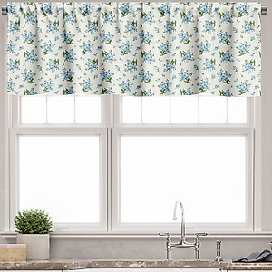 Ambesonne Ivory and Blue Valance & Tier Curtain 3 pcs Set, Forget-me-not Flowers Pattern Fresh Foliage on Ivory Backdrop, Window Treatments for Room Kitchen Decor, 55" x 24", Pale Blue Ivory and Green