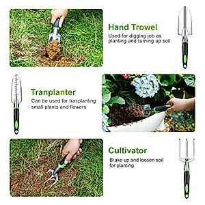 Mr Rabbi Garden Tools Set, 11 Piece Heavy Duty Gardening Tools for Gardening with Non-Slip Rubber Grip, Outdoor Hand Tools, Storage Tote Bag, Aluminum Garden Kit, Gardening Gifts for Men Women
