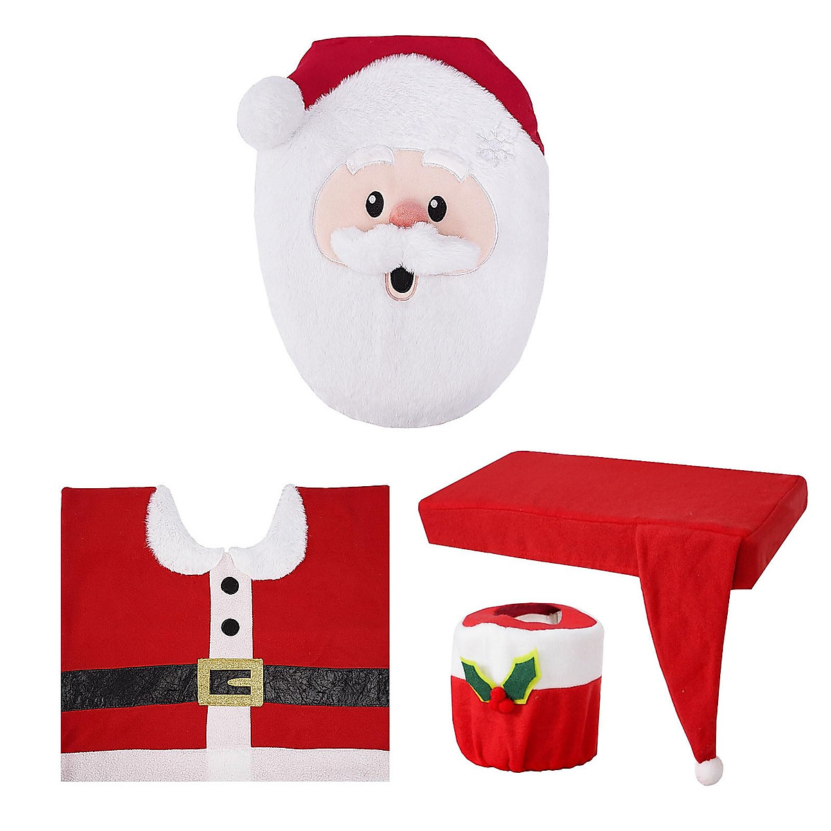 BQBQERT 4Pcs Christmas Theme Bathroom Decoration Set W/Toilet Seat Cover Rugs Tank Cover Toilet Paper Box Cover for Toilet Cover