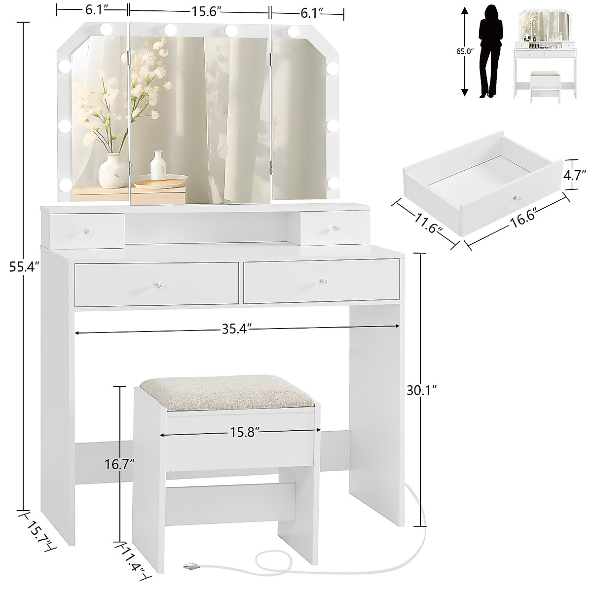Quimoo Vanity Desk Set with LED Tri-Fold Lighted Mirror & Power Outlet, Makeup Vanity Table with 4 Drawers, Cushioned Stool, for Bedroom, Bathroom, White