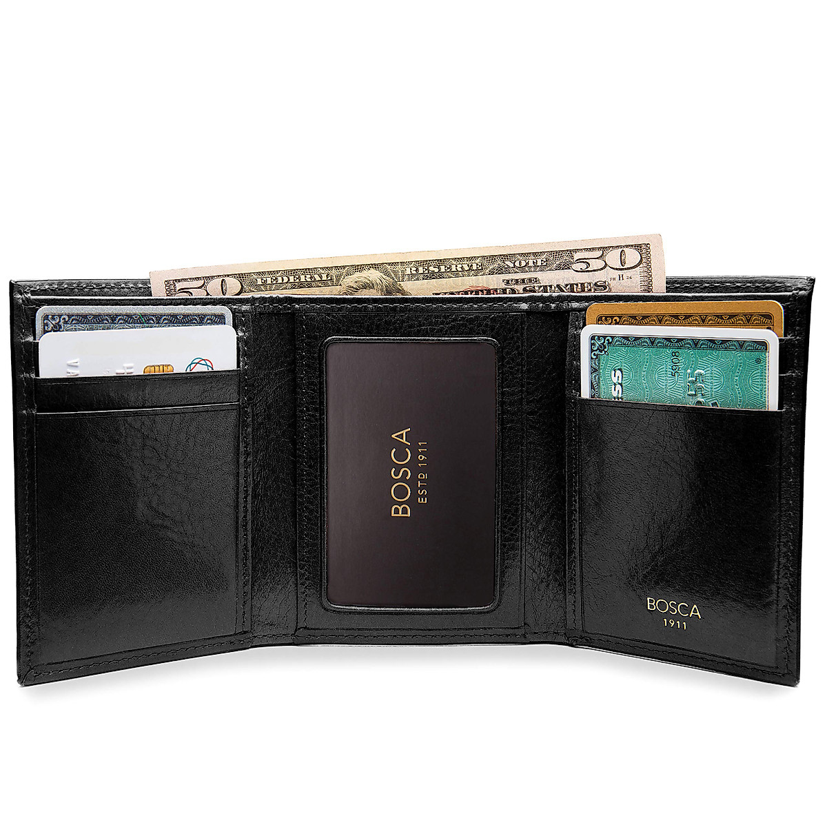 Bosca Men's Wallet, Old Leather Double I.D. Tri Fold Wallet with RFID Blocking, Black
