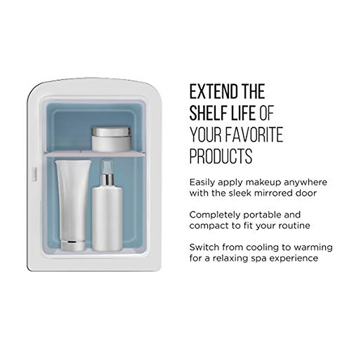 Chefman Portable Mirrored Personal Fridge, 4 Liter Mini Refrigerator, Skin Care, Makeup Storage, Beauty, Serums And Face Masks, Small For Desktop Or Travel, Cool & Heat, Cosmetic Application