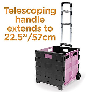 Inspired Living Ultra-Slim Rolling Collapsible Storage Pack-N-Roll Utility-carts, with Telescopic Handle, for Home, Garden, Shopping, Office, School use, Medium, Pink & Black