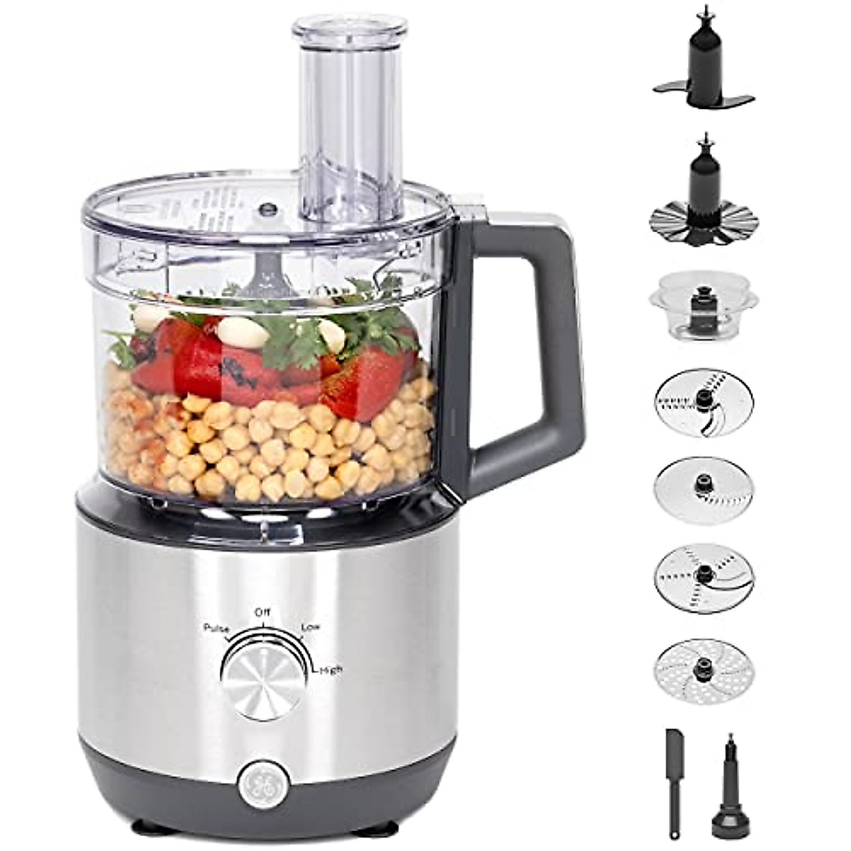GE Food Processor | 12 Cup | Complete With 3 Feeding Tubes & Stainless Steel Accessories - 3 Discs + Dough Blade | 3 Speed | Great for Shredded Cheese, Chicken & More | Kitchen Essentials | 550 Watts