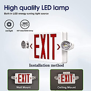 LED Exit Sign Emergency Light Combination Adjustable Two Heads and Battery Backup, US Standard Commercial Emergency Exit Lighting, Fire Resistant UL 924 AC 120/277V (Red)